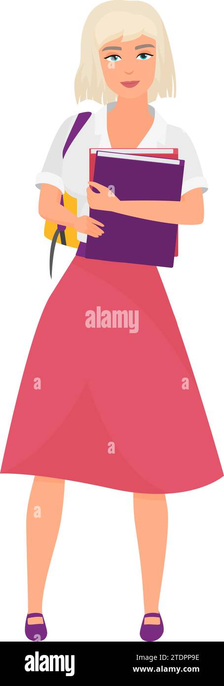 Beautiful blonde student girl with stack of books. Stylish female ...