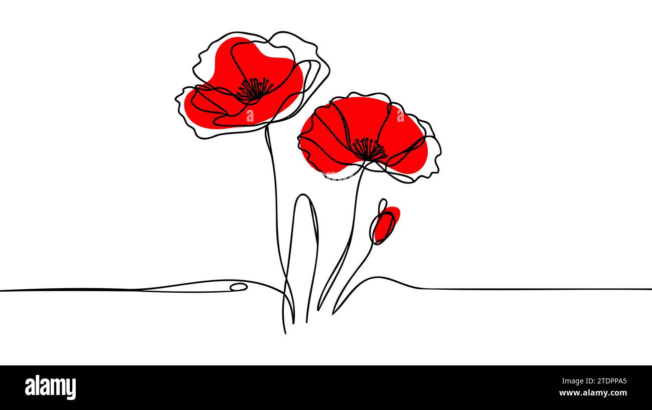 Poppy flowers in continuous line art drawing style. Doodle floral ...
