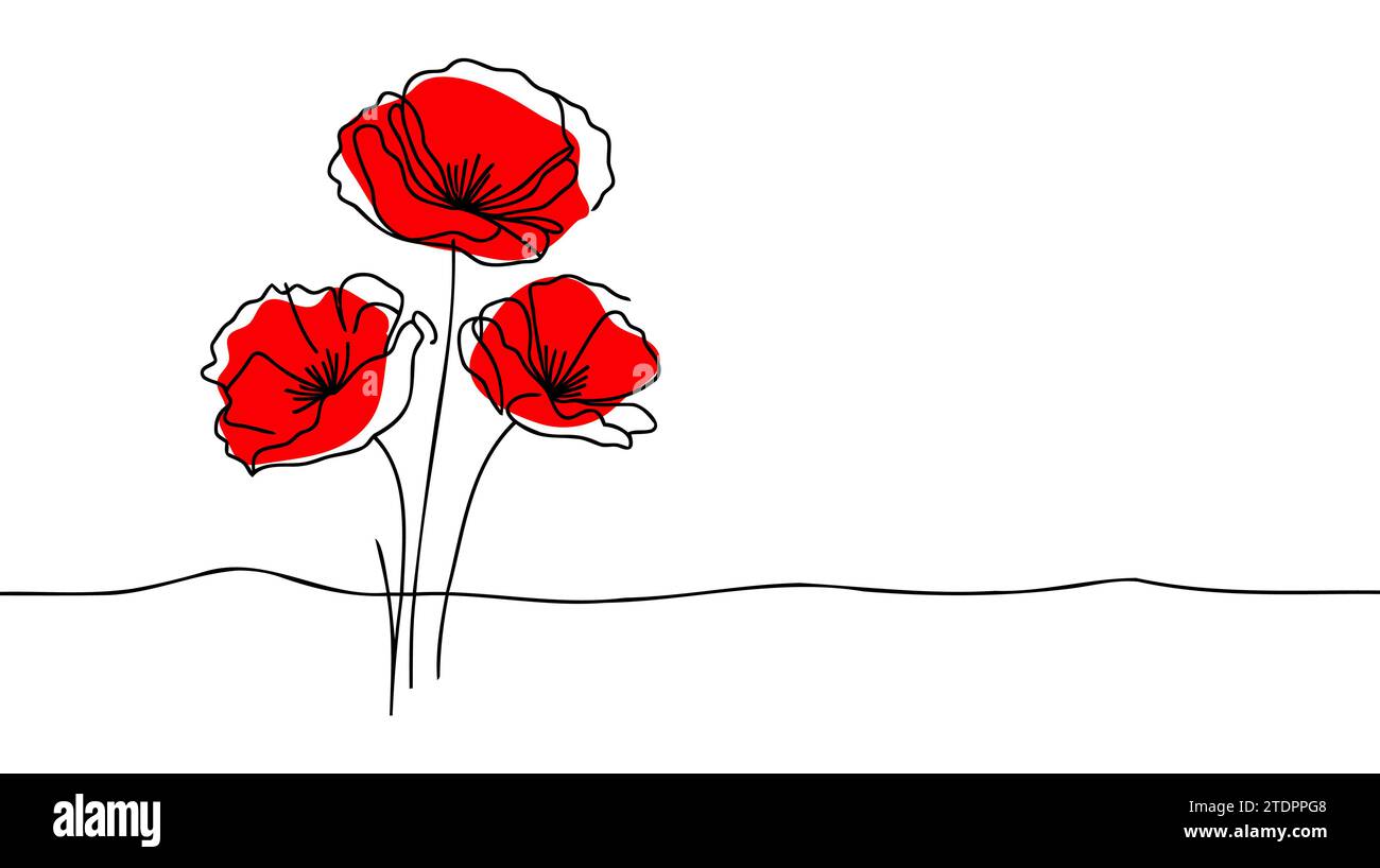 Poppy flowers in continuous line art drawing style. Doodle floral ...