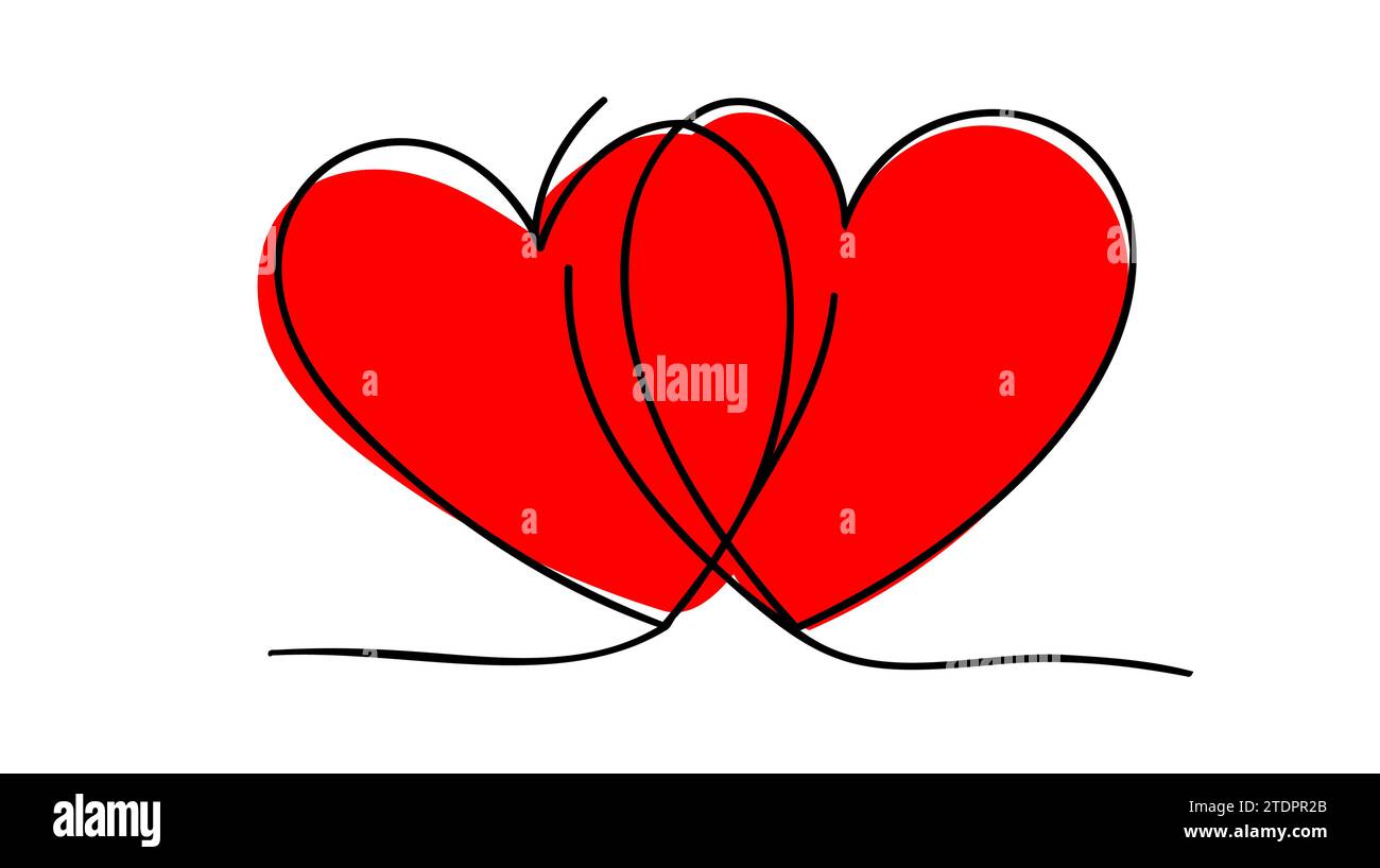 One Continuous line drawing of two hearts with love signs. Thin curls ...