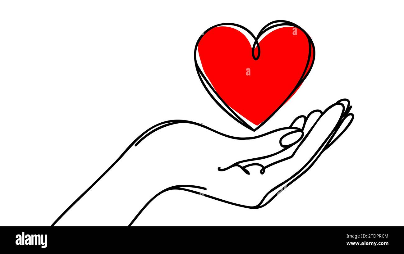 Continuous one line drawing arms holding heart. Charity donation linear ...
