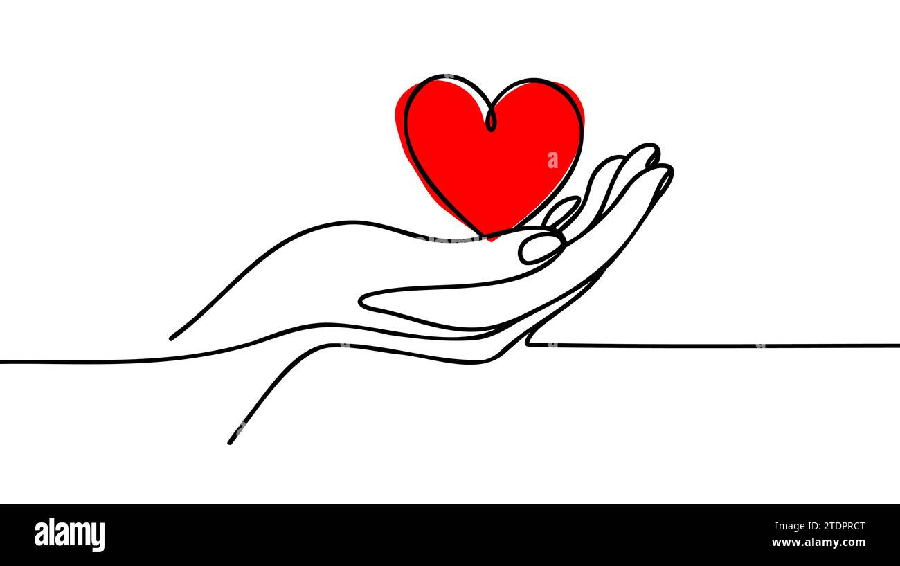 Continuous one line drawing arms holding heart. Charity donation linear ...