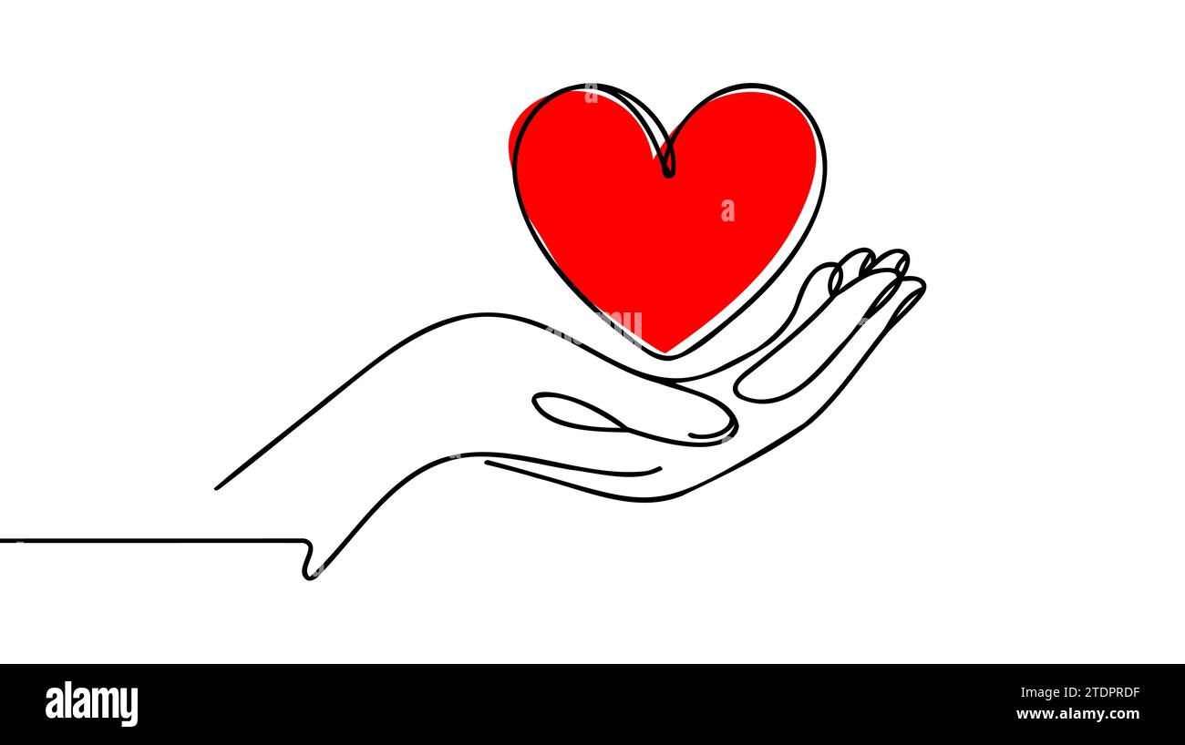 Continuous one line drawing arms holding heart. Charity donation linear ...