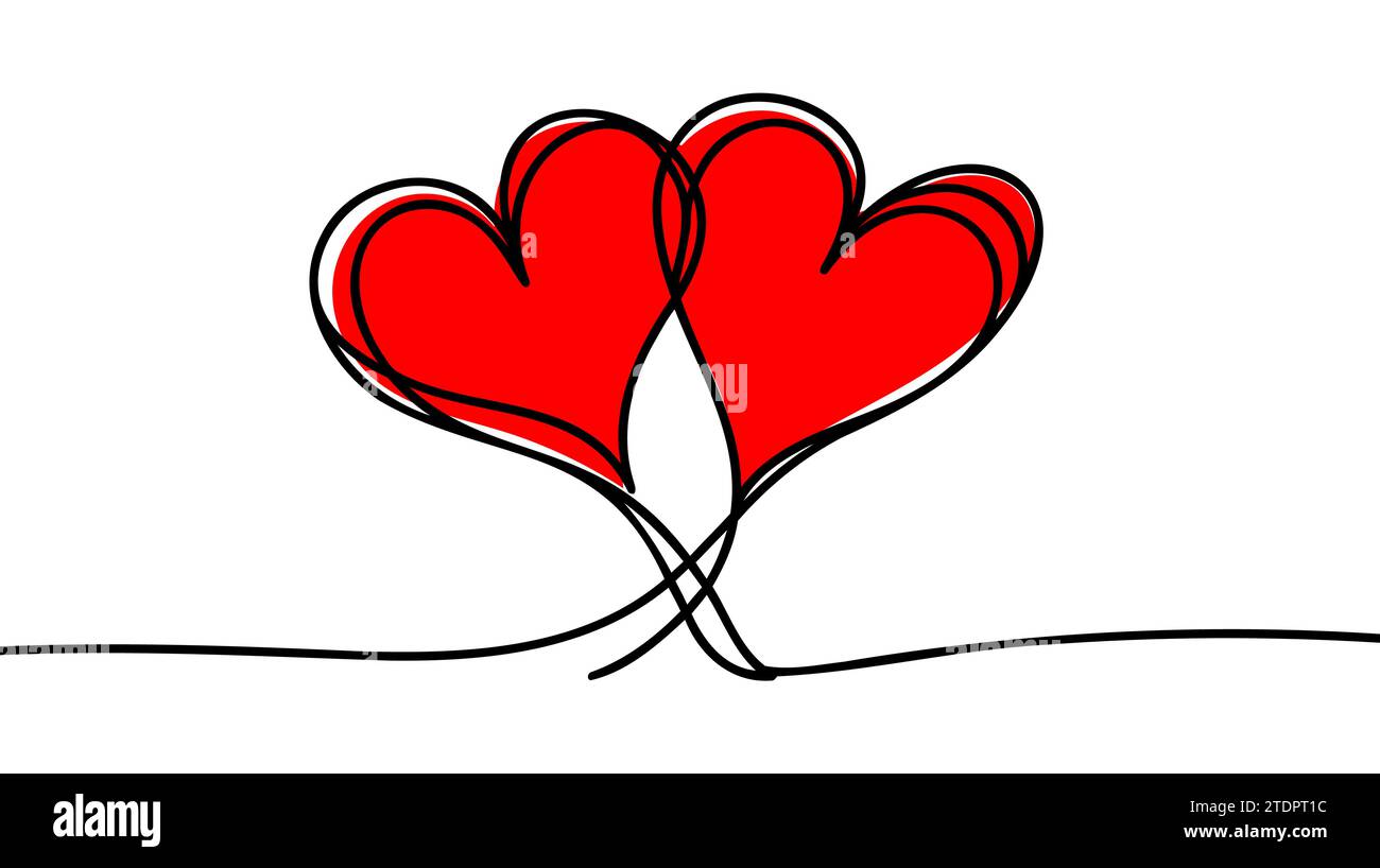 One Continuous line drawing of two hearts with love signs. Thin curls ...