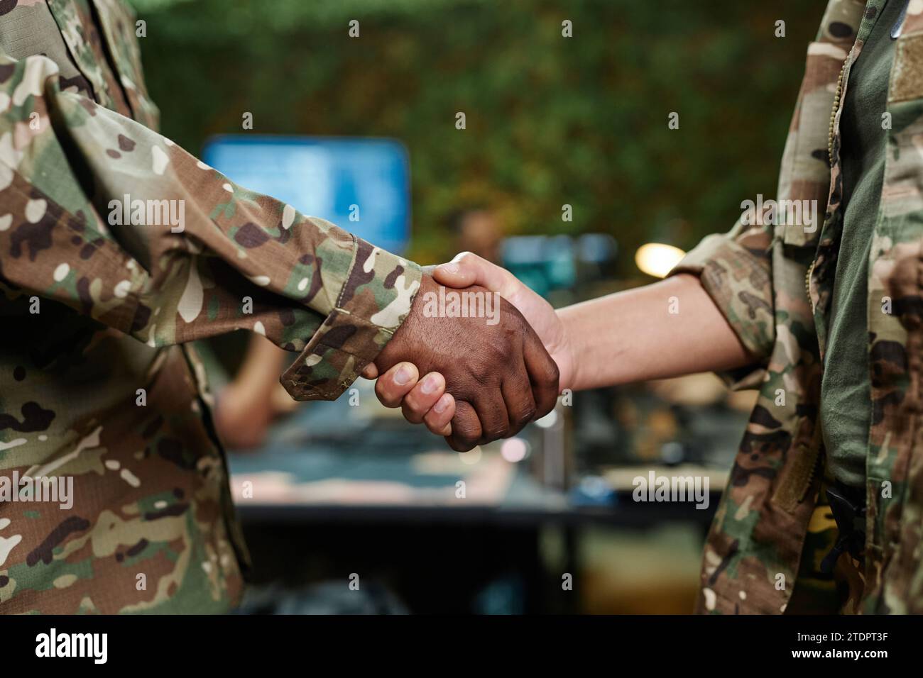 Handshake of two young intercultural military officers in camouflage ...