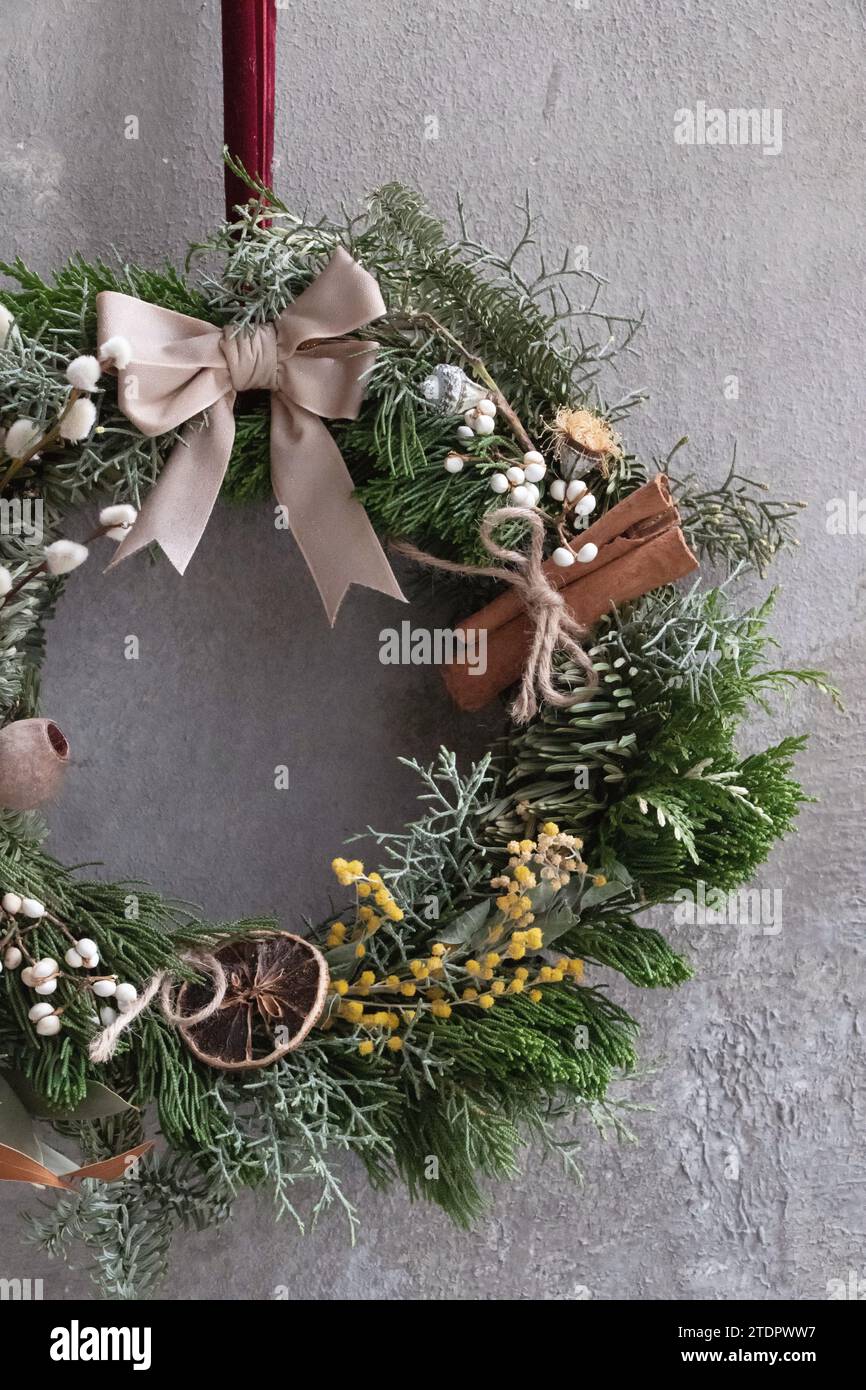 handmade cute Christmas wreath with grey background Stock Photo - Alamy
