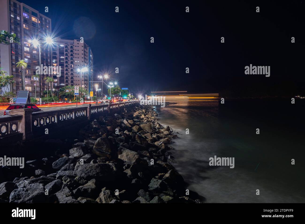 Santos city. Night view of Ponta da Praia, coastal region. Buildings ...