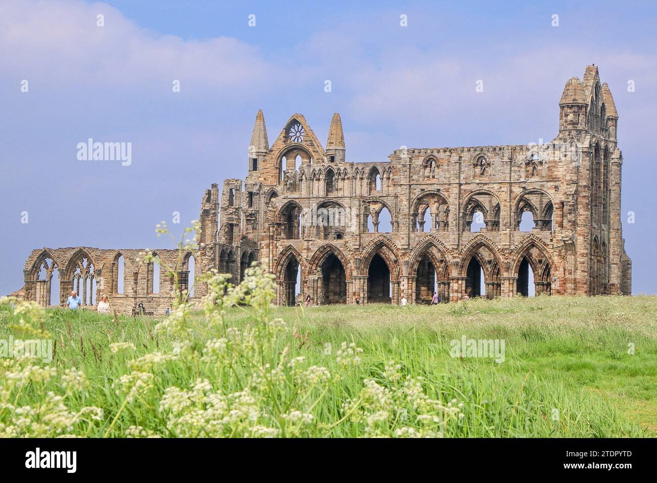 A view of Whitby Abbey in Yorkshire with its ruined windows, columns ...