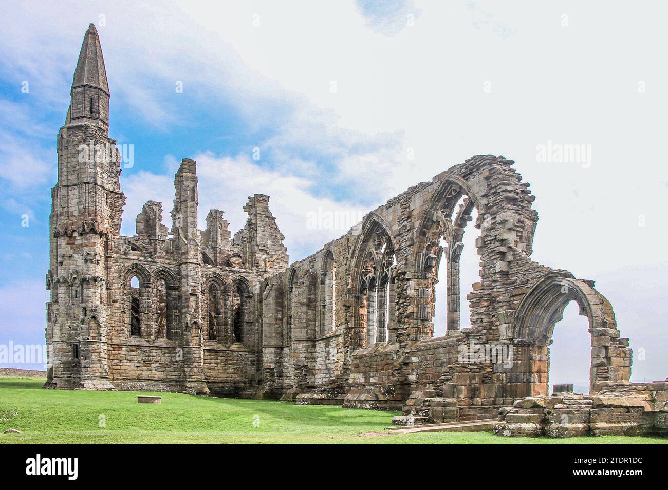 A view of Whitby Abbey in Yorkshire with its ruined windows, columns ...