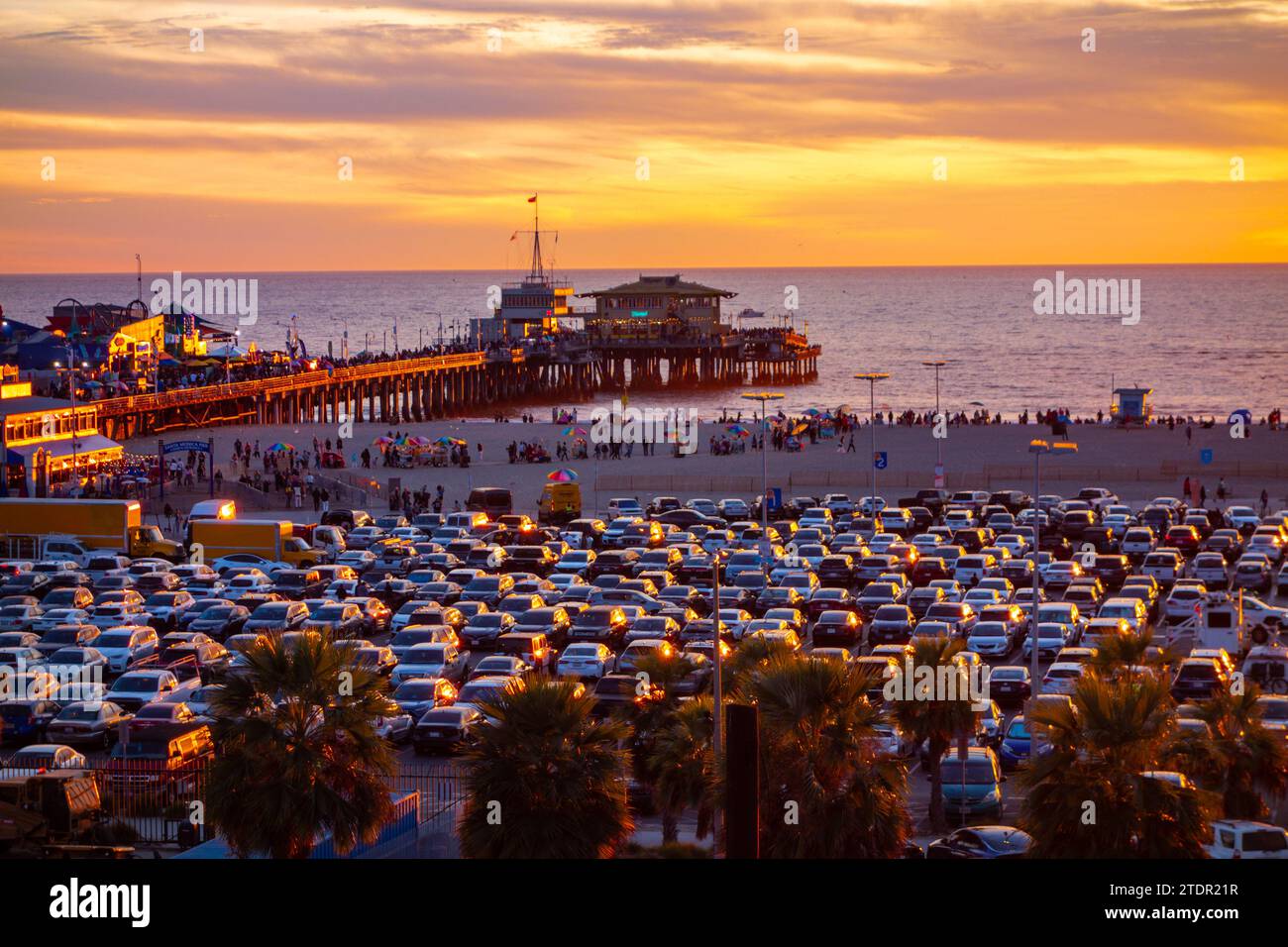 The beachfront parking lot in Santa Monica, california during sunset ...