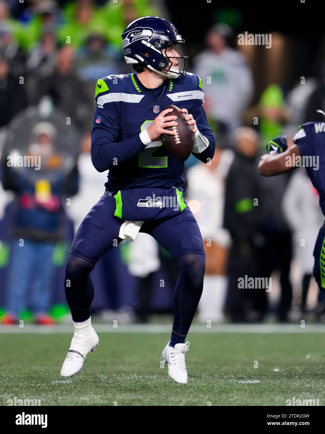 Seattle Seahawks quarterback Drew Lock (2) drops back to pass during an ...