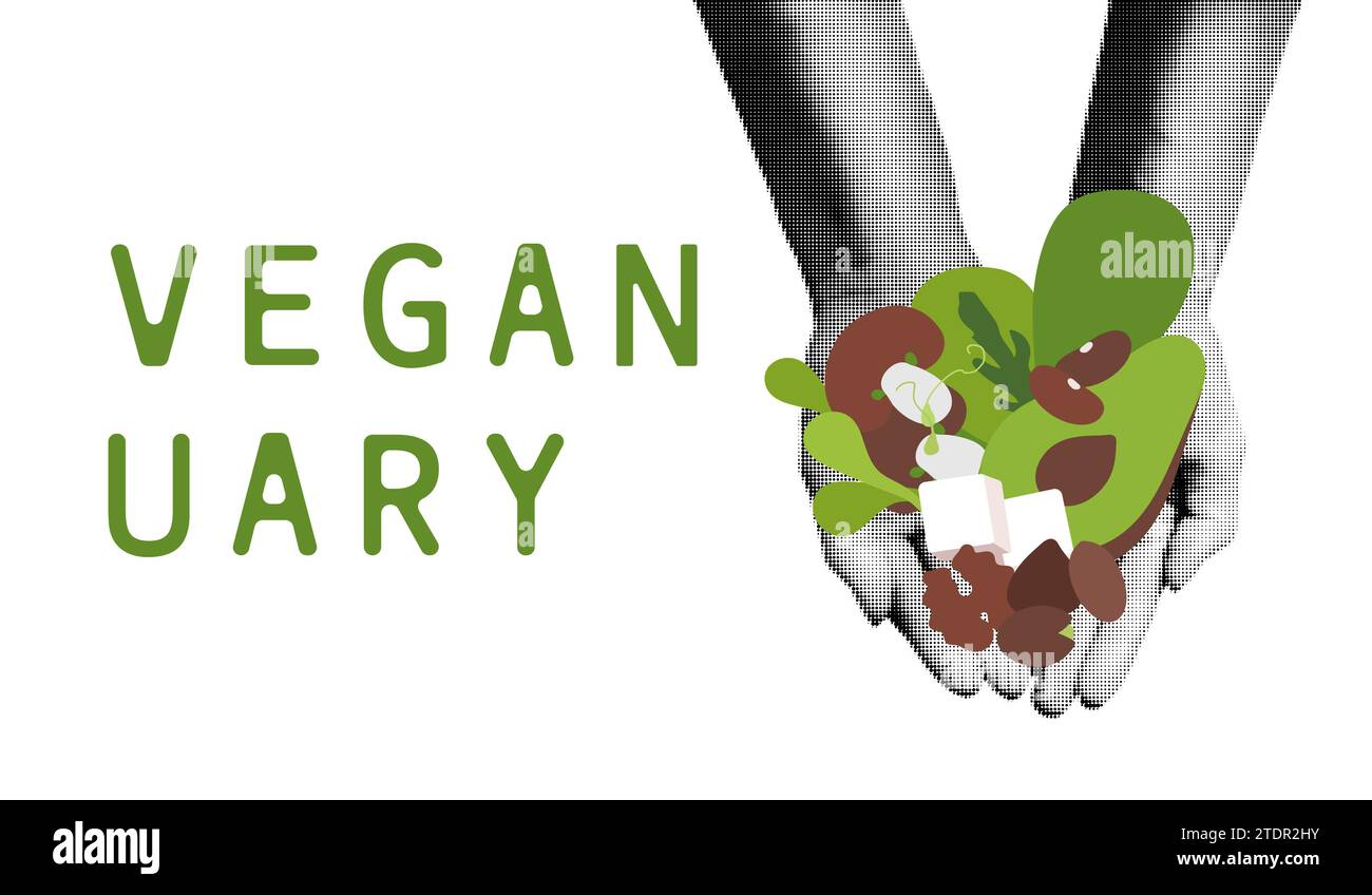 Veganuary background hands holding vegan products vector illustration ...