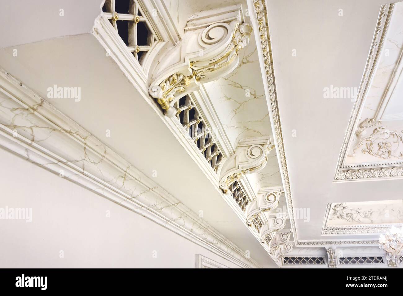 White plaster molding elements with gold veins for decorating the ...