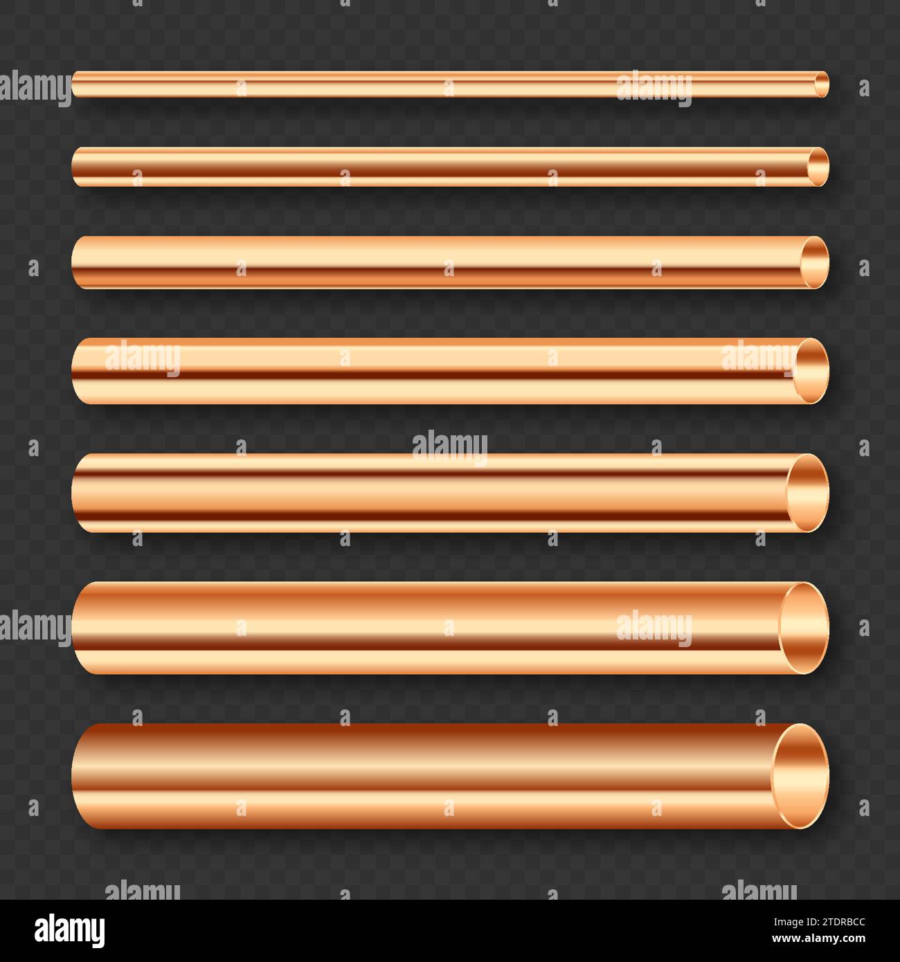 Copper pipes collection. Construction material, pipeline. Industry and engineering. Polished ...
