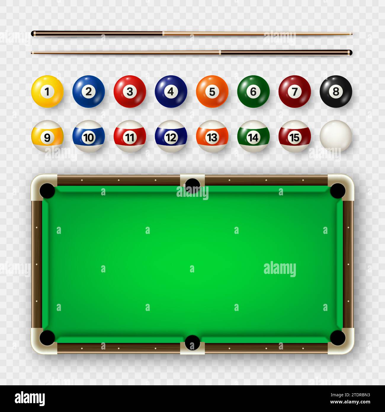 Billiard balls with numbers, various cues and green pool table. Glossy ...