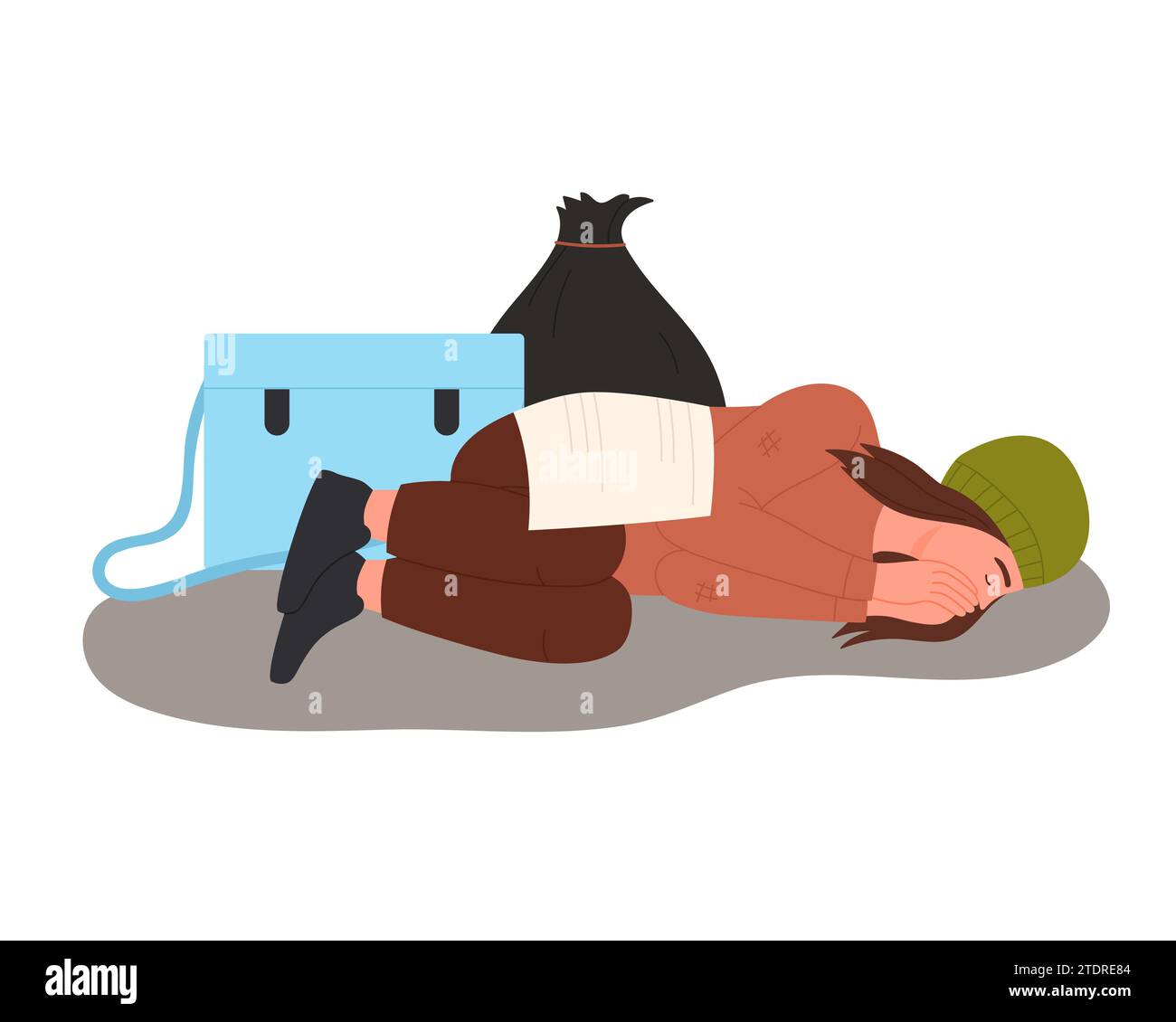 Homeless woman sleeping on street. Poor beggar feeling cold temperature ...