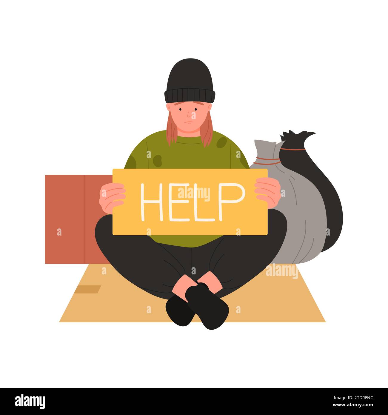 Sad homeless man with help board. Street man begging for help cartoon ...
