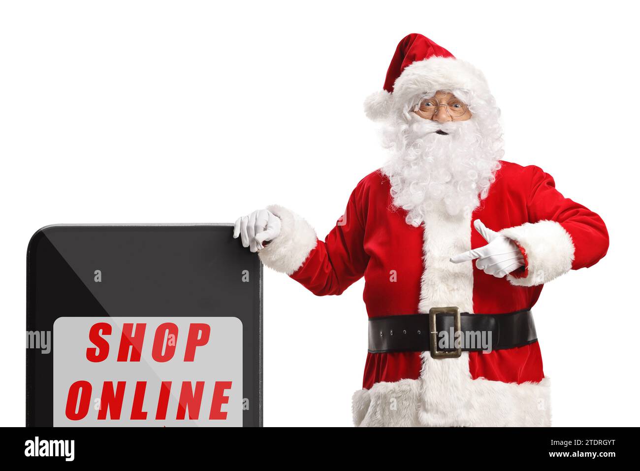 Santa claus leaning on a phone with text shop online and pointing ...
