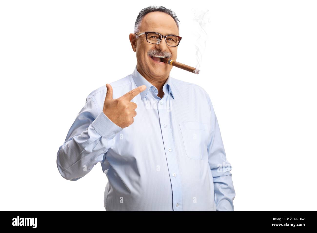 Mature man smoking a cigar and pointing isolated on white background Stock Photo - Alamy