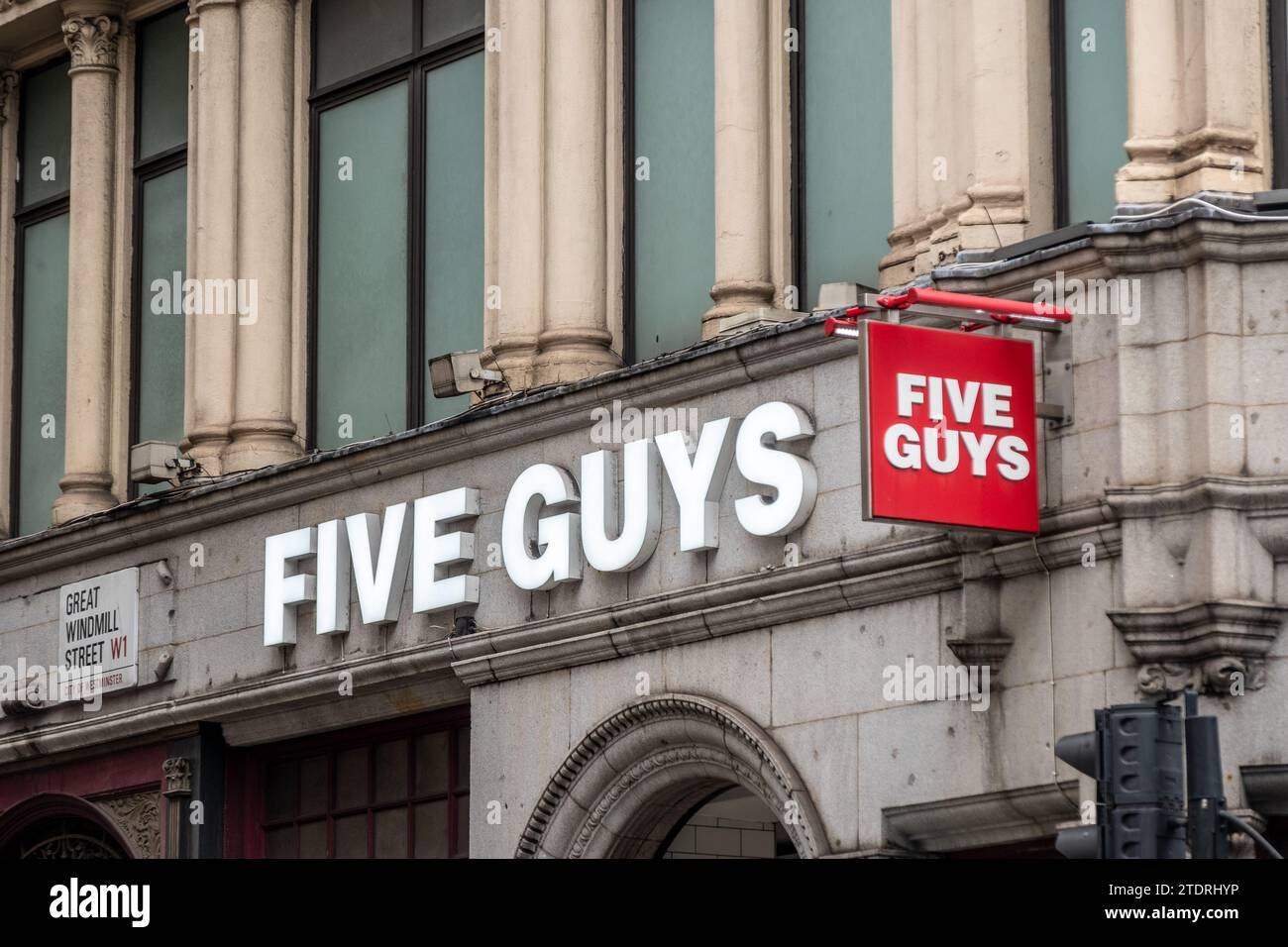 LONDON- DECEMBER 14, 2023: Five Guys branch in Piccadilly Liecester ...