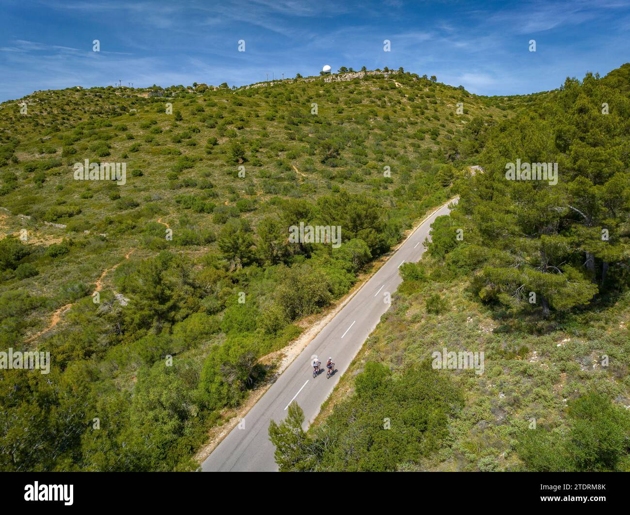 Aerial view of the road that goes up to the summit of Puig de Randa ...