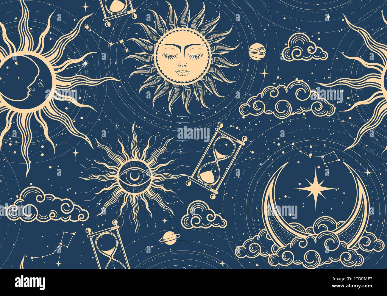 Seamless mystic space pattern with sun, moon and stars, cosmos background in tarot style ...