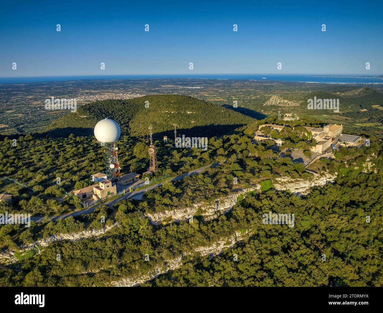Aerial view of the summit of Puig de Randa, with the radar of Enaire ...