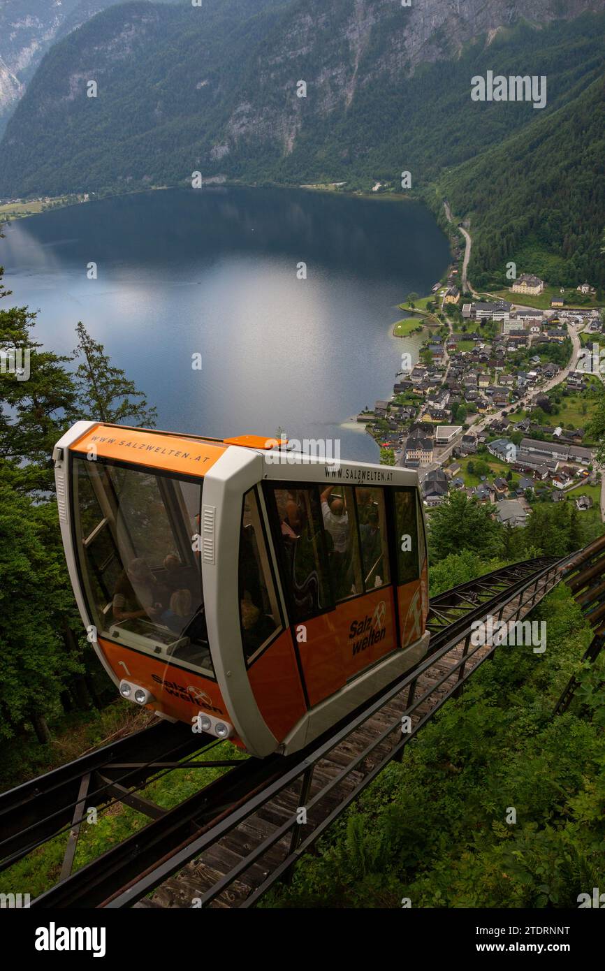 Hallstatt, Austria - June 17, 2023: Funicular trailer with tourists on ...