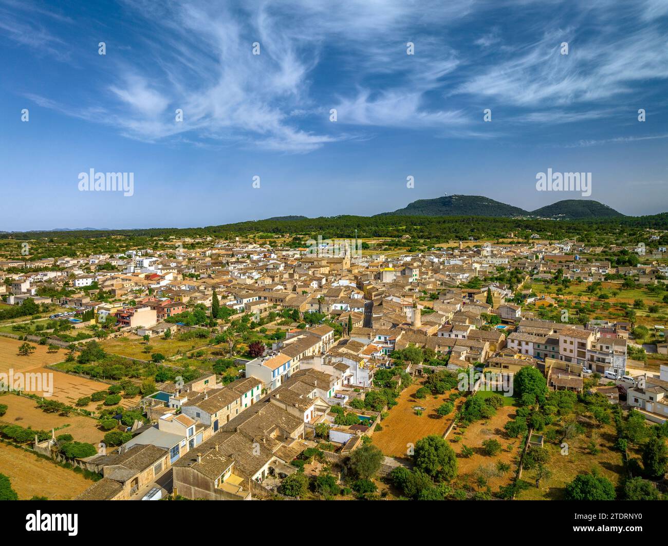 Aerial view of the town of Algaida on a spring afternoon. In the ...
