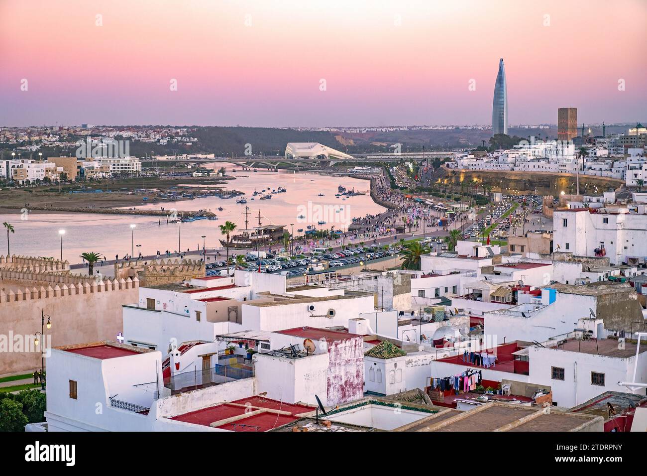 Aerial view over the river Bou Regreg, medina, Hassan Tower and ...