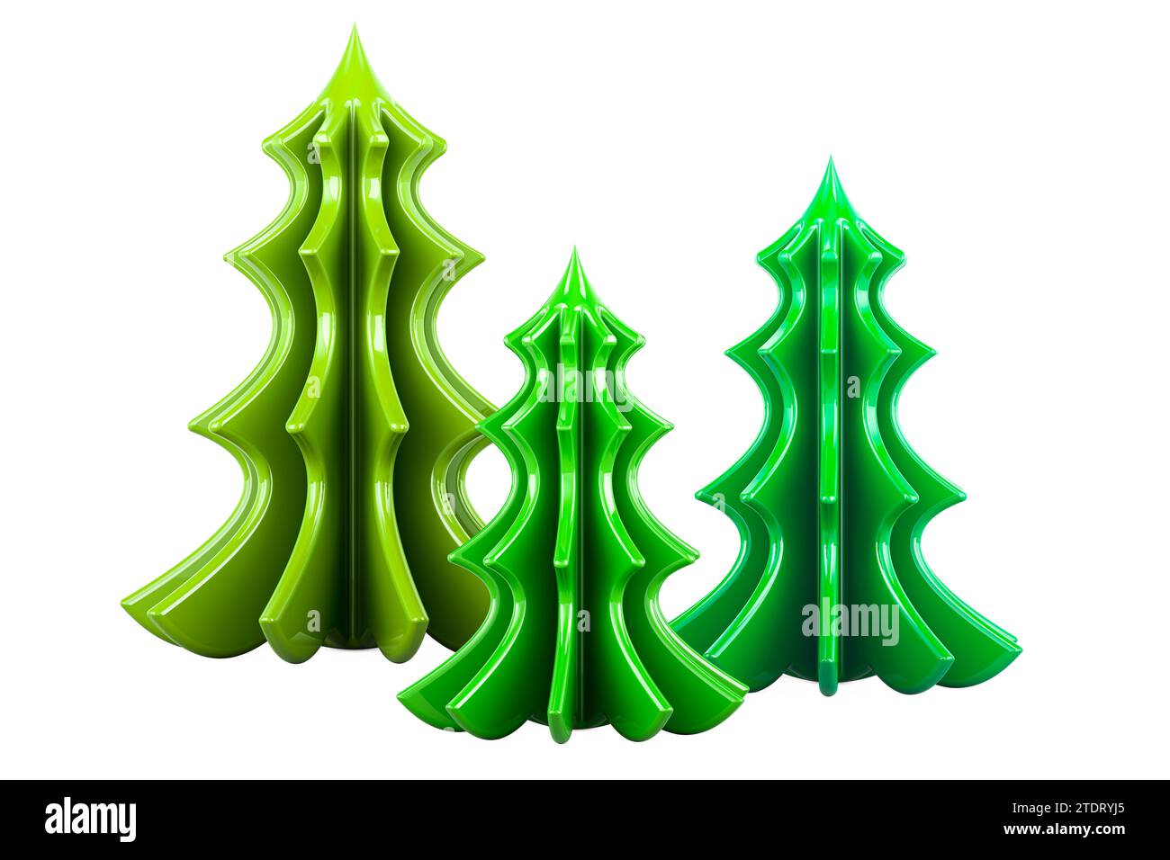 Three Abstract Green Christmas Tree, 3D rendering isolated on white ...