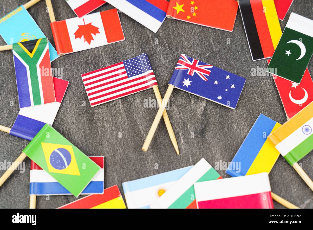 Policy. National flags of different countries. The concept is diplomacy ...