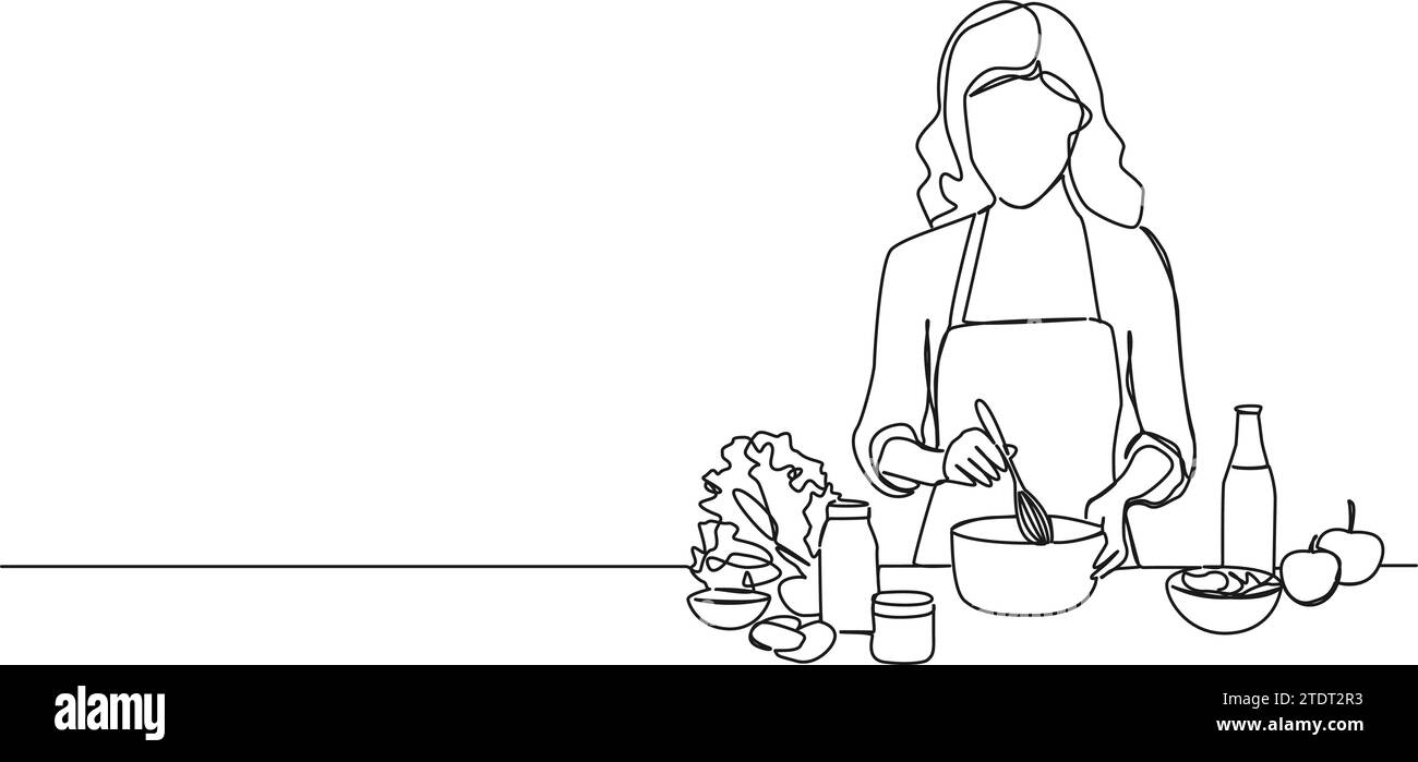 continuous single line drawing of woman preparing food in kitchen, line ...