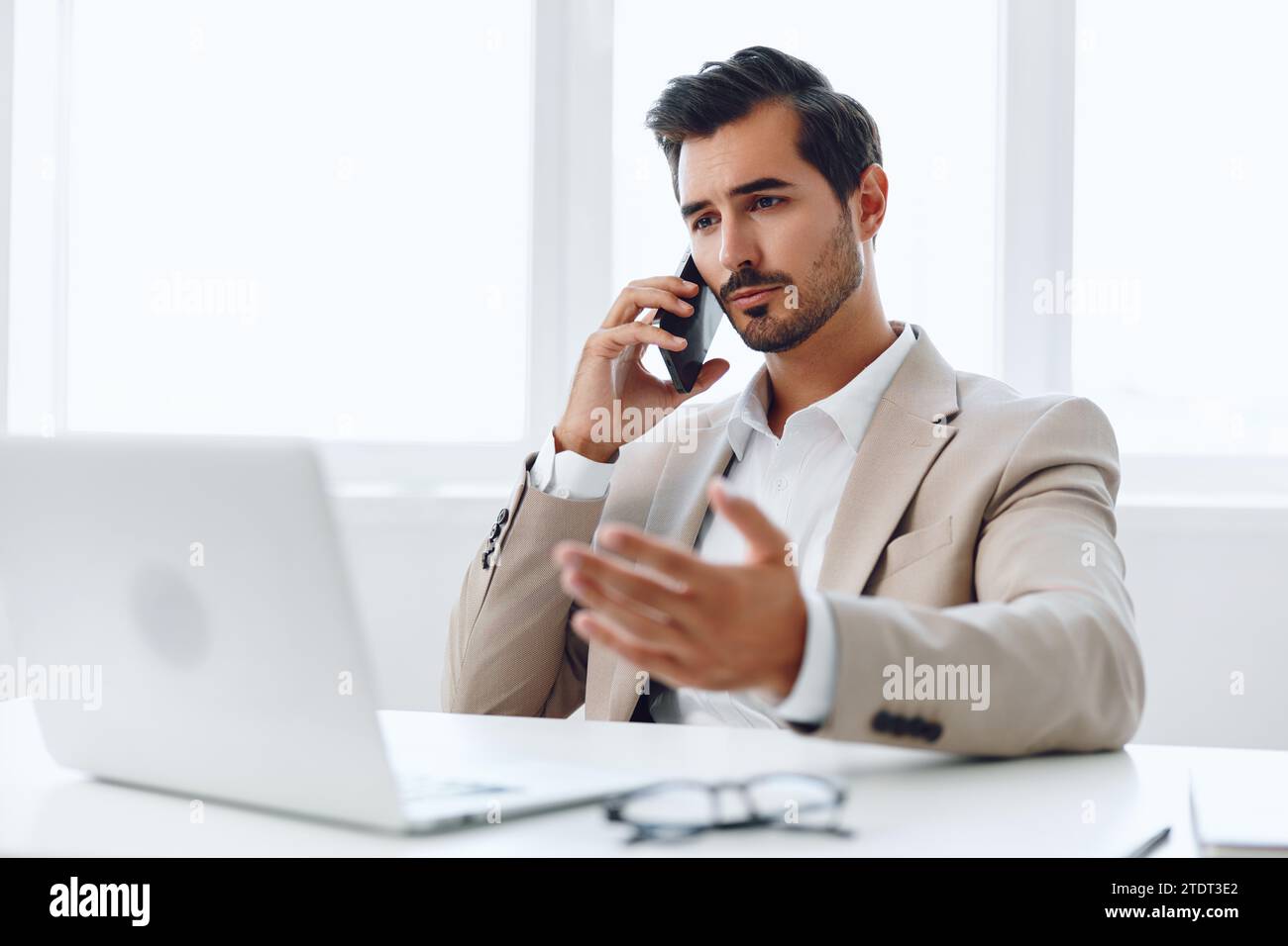 Man smile businessman talk computer adult success winner happy laptop ...