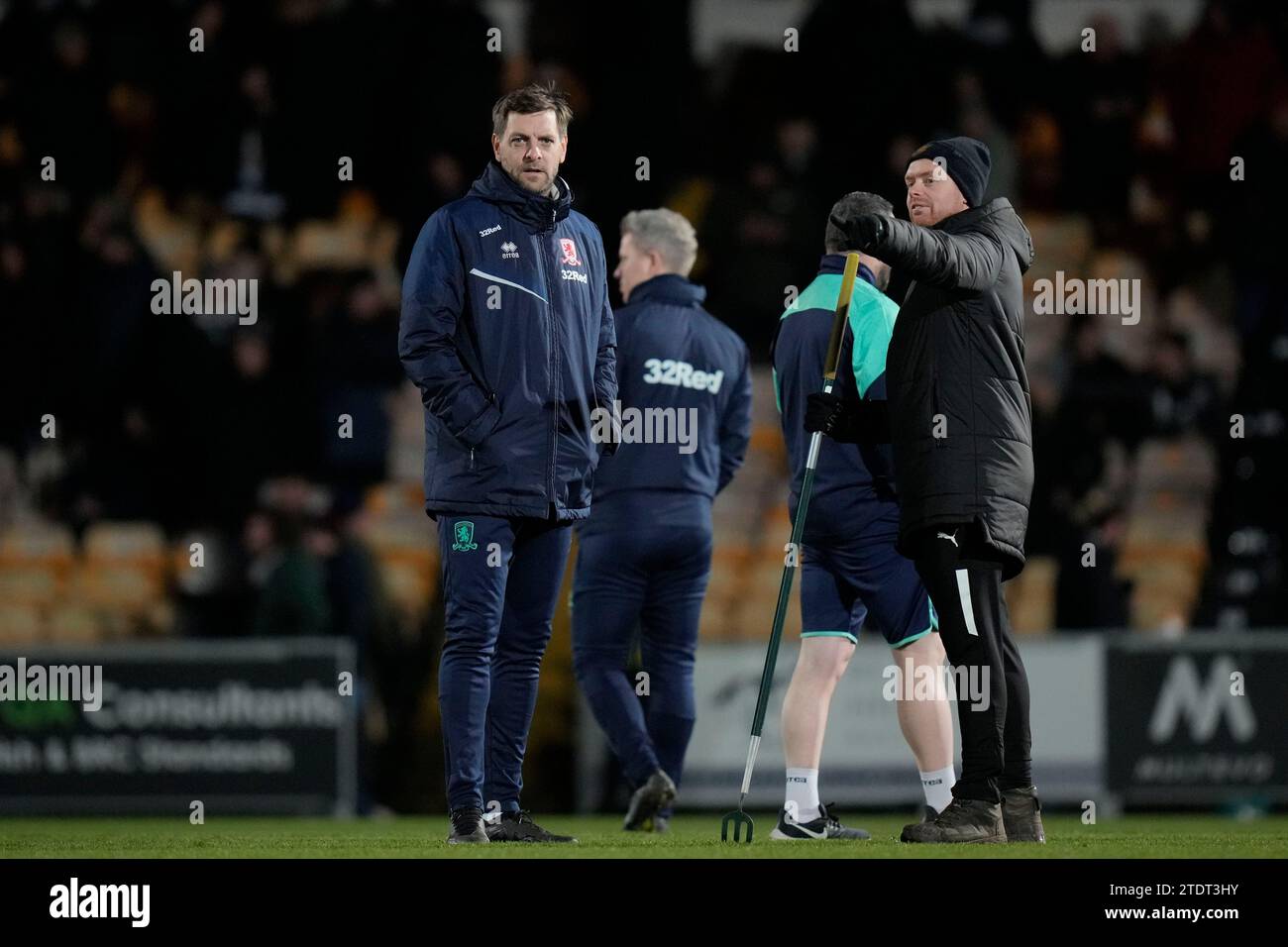 Jonathan Woodgate, coach of Middlesborough speaks with the groundsman ...