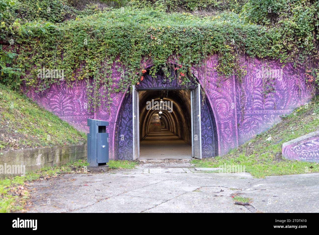 Purple entrance to Grič Tunnel (Tunel Grič), a historic pedestrian ...