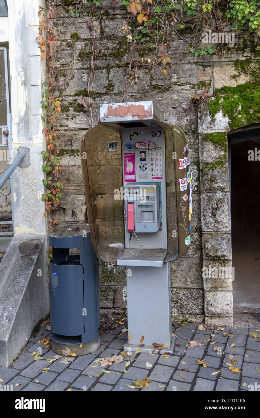 Old, dilapidated public phone booth, telephone booth, call box, pay ...