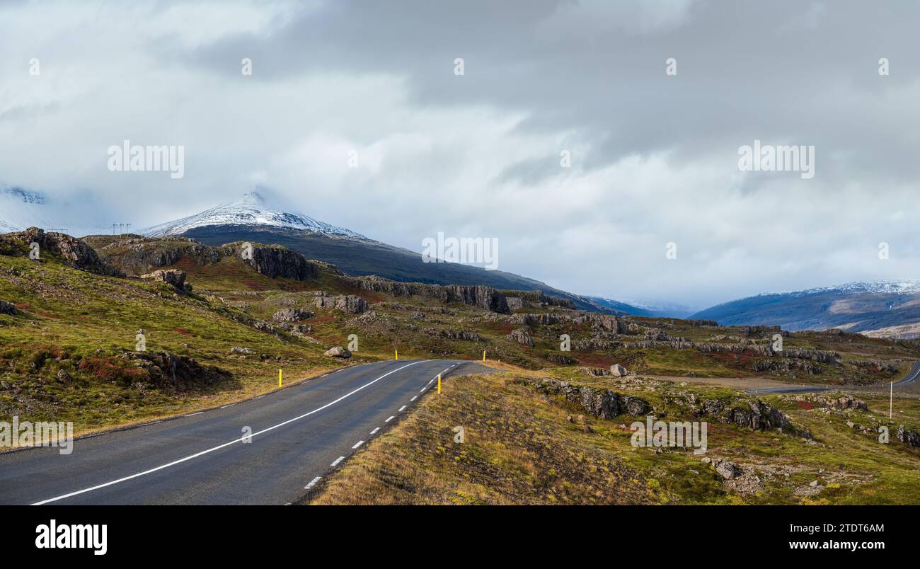 Highway road and mountain view during auto trip in Iceland. Spectacular ...