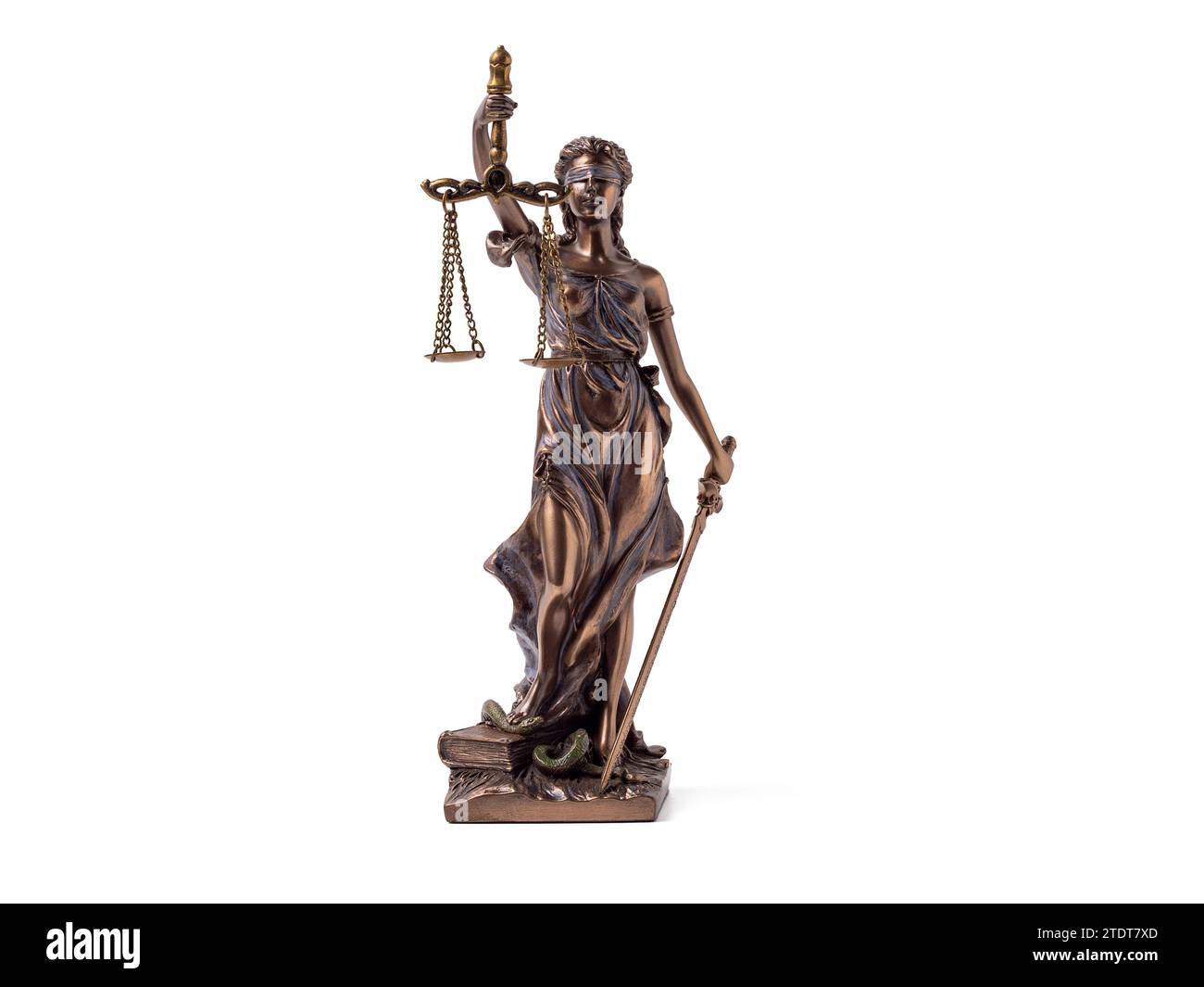 Bronze statue of Lady Justice on a white background. Statue of Justice ...