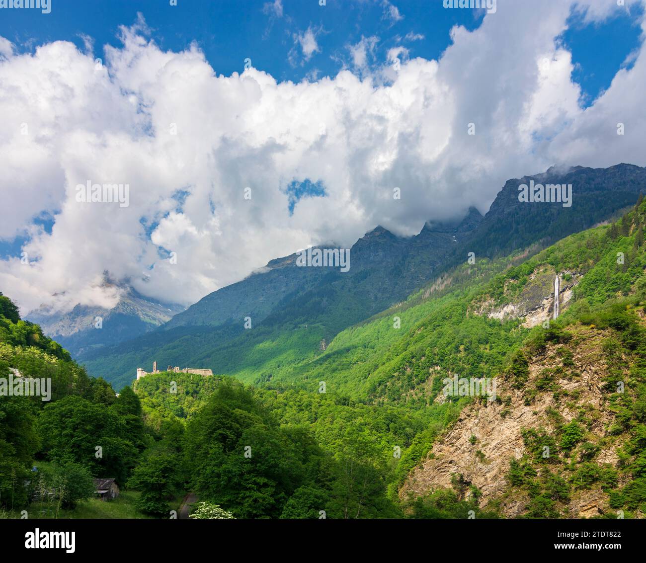 Mesocco: castle Castello di Mesocco, waterfall Cascata del Rizeu, Misox ...