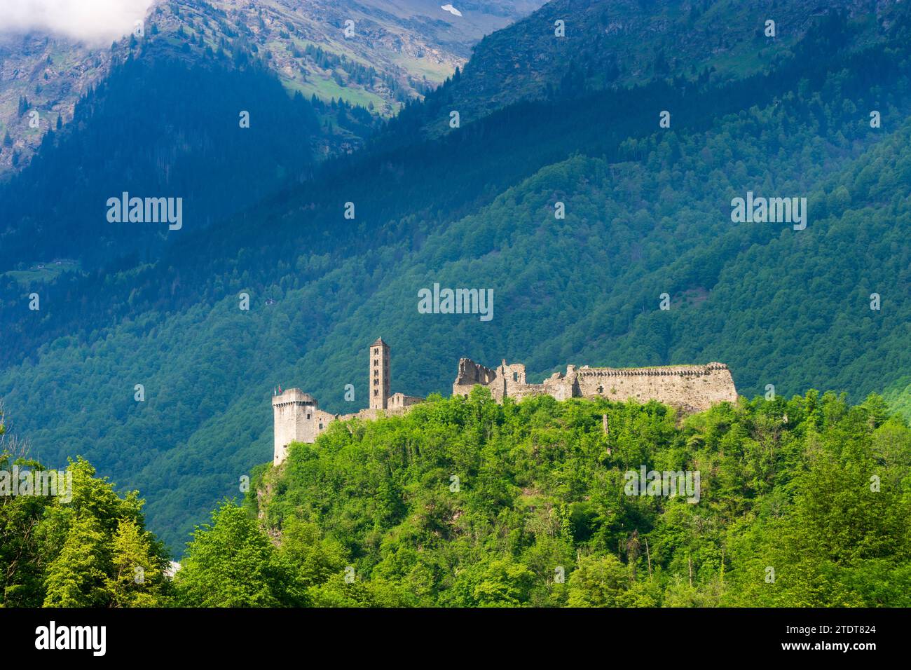 Mesocco: castle Castello di Mesocco, Misox Valley in Moesa, Graubünden, Grisons, Switzerland ...