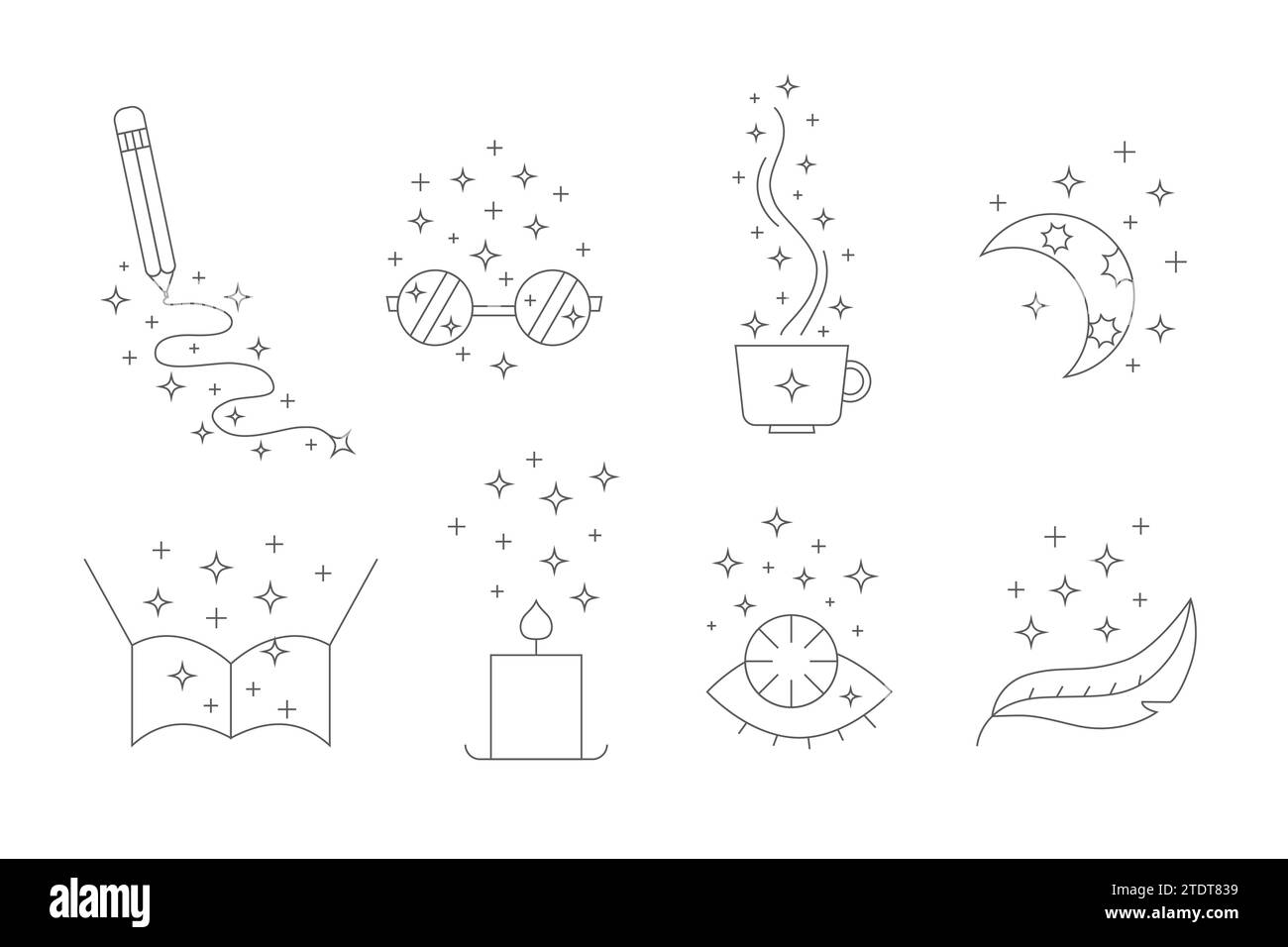 Line starlight compositions. Shine sparcle stars on book, cup, moon ...
