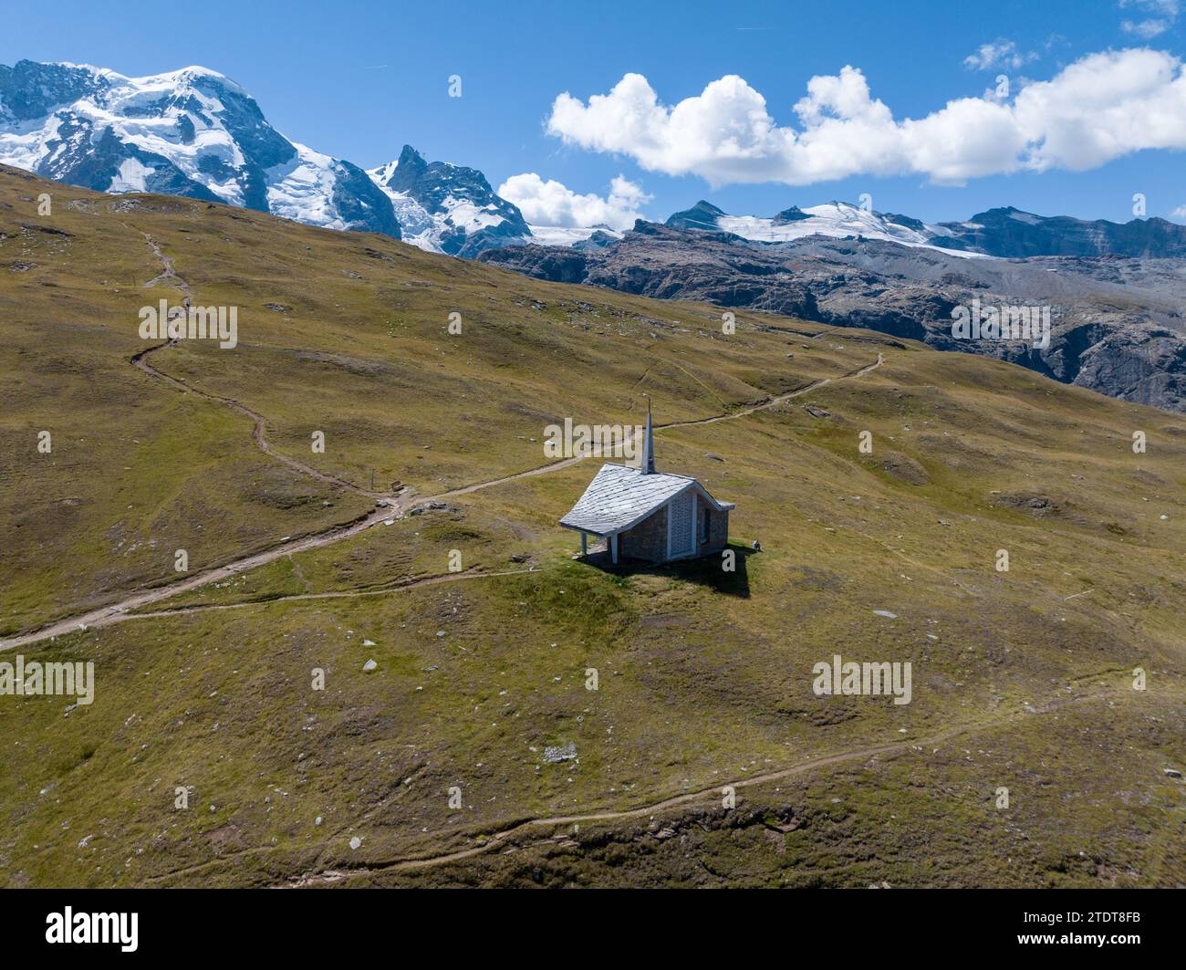 Aerial view of Riffelberg Bruder Klaus Chapel in Zermatt, Switzerland ...