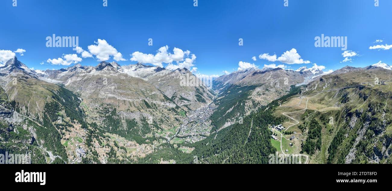 Zermatt town valley aerial panoramic view in the Valais canton of ...