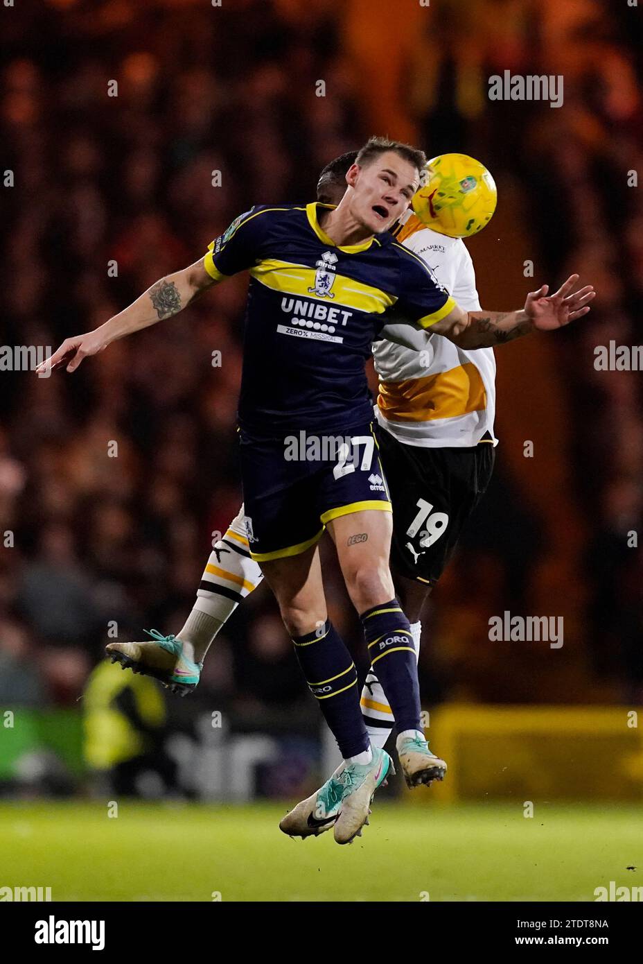 Burslem, UK. 19th Dec, 2023. Lukas Engel of Middlesbrough challenges ...