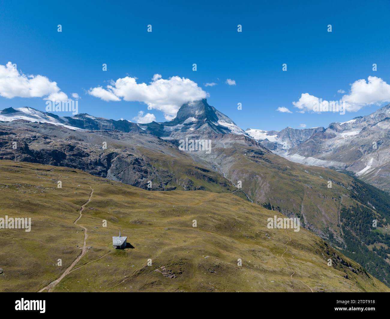 Aerial view of Riffelberg Bruder Klaus Chapel in Zermatt, Switzerland ...