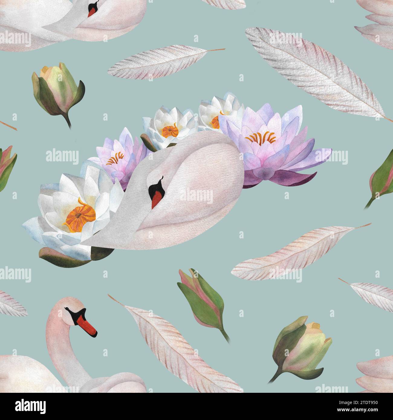 Watercolor swans waterlilies seamless pattern Hand drawn illustration ...