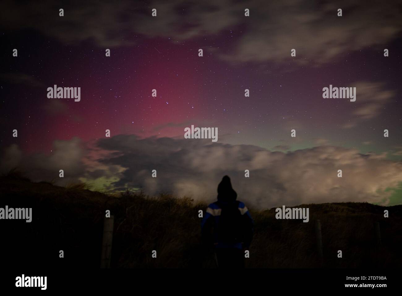 Person observing the Northern Lights or Aurora borealis in the night ...