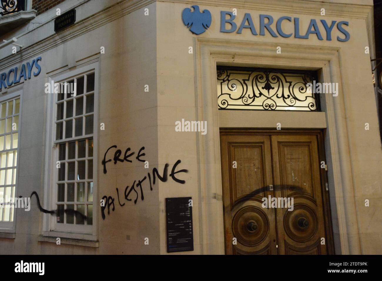 Free Palestine graffiti on the walls and cashpoints of Barclays Bank in ...