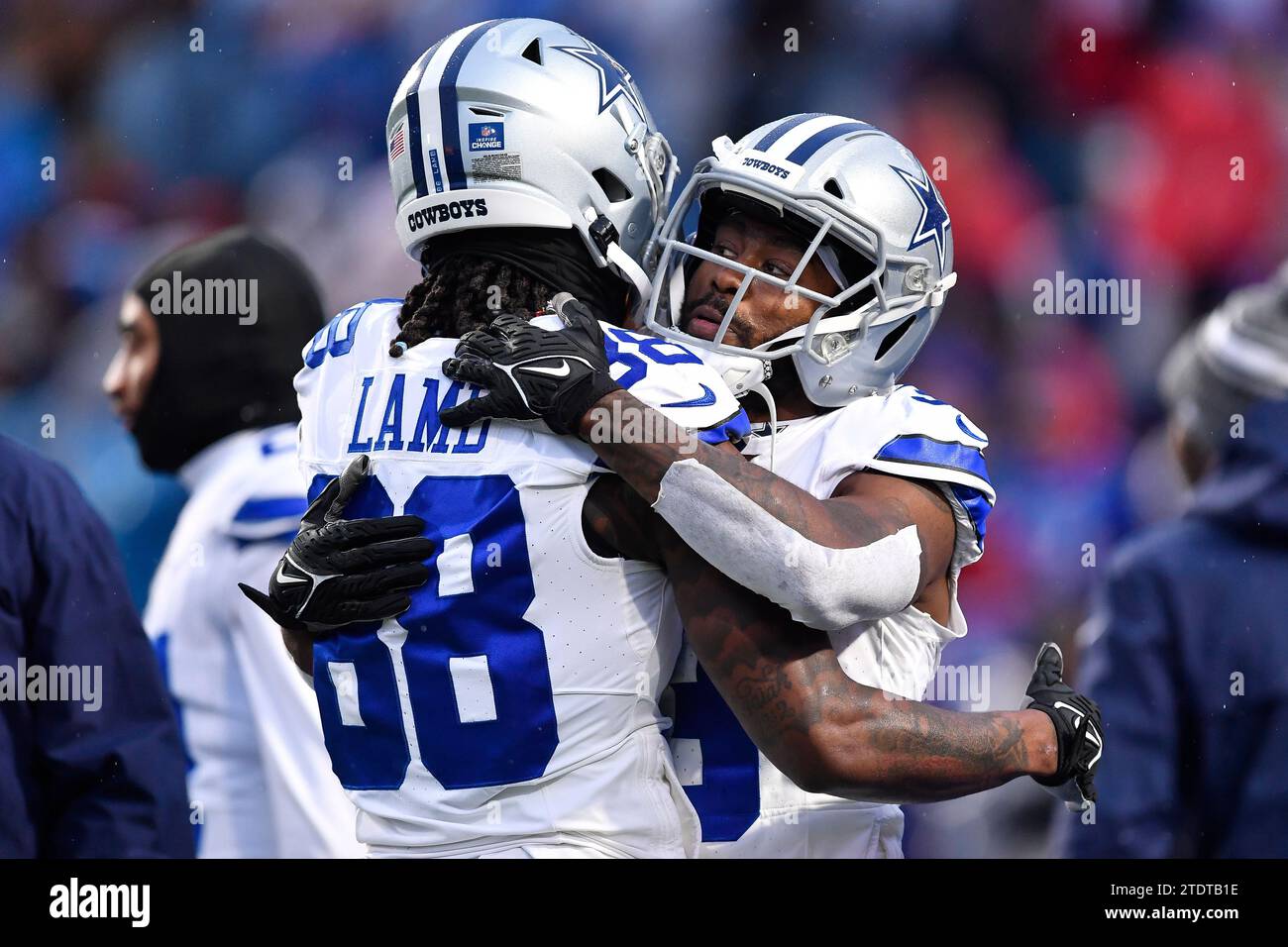 Dallas Cowboys wide receivers Brandin Cooks, right, and CeeDee Lamb hug ...